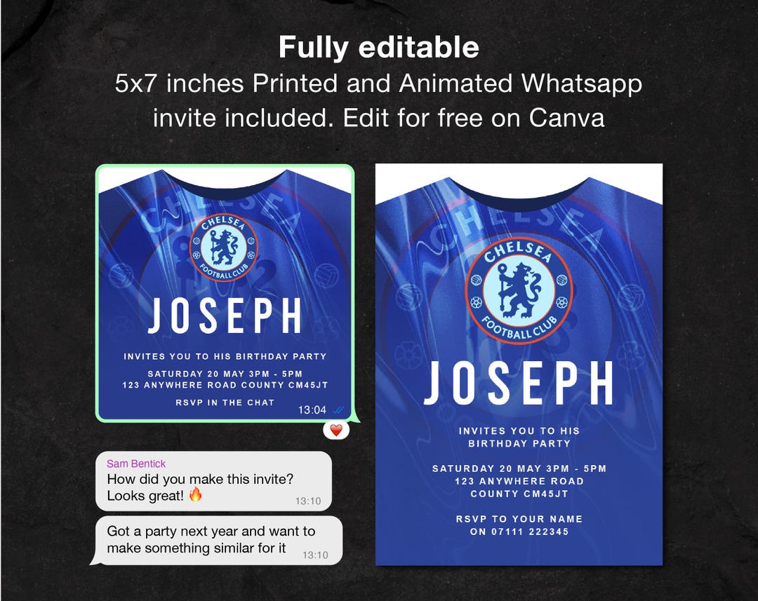 Animated Chelsea FC Birthday Invitation | Editable Digital Football ...