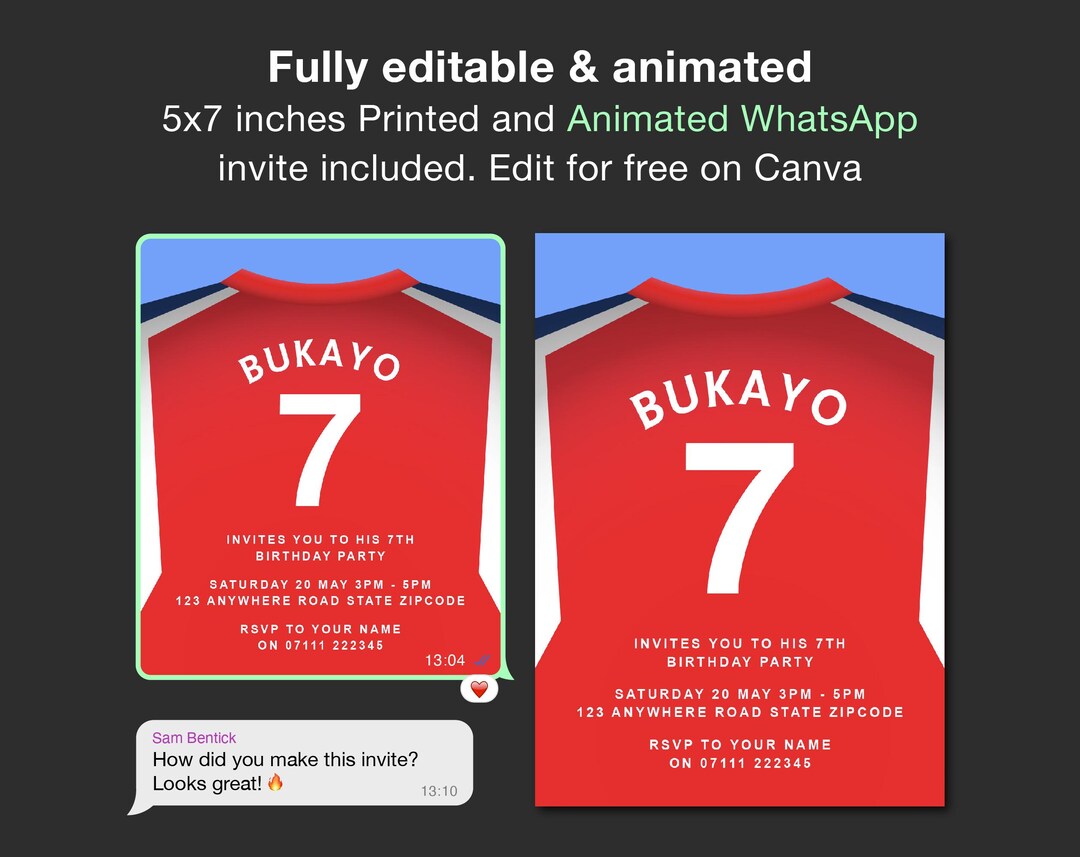Animated Arsenal Birthday Invitation | Editable Digital Football Party ...