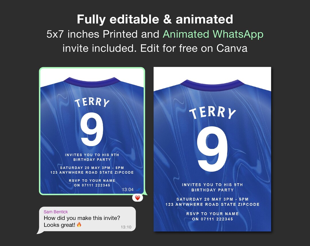 Editable Chelsea FC Birthday Invitation | Animated Digital Football ...