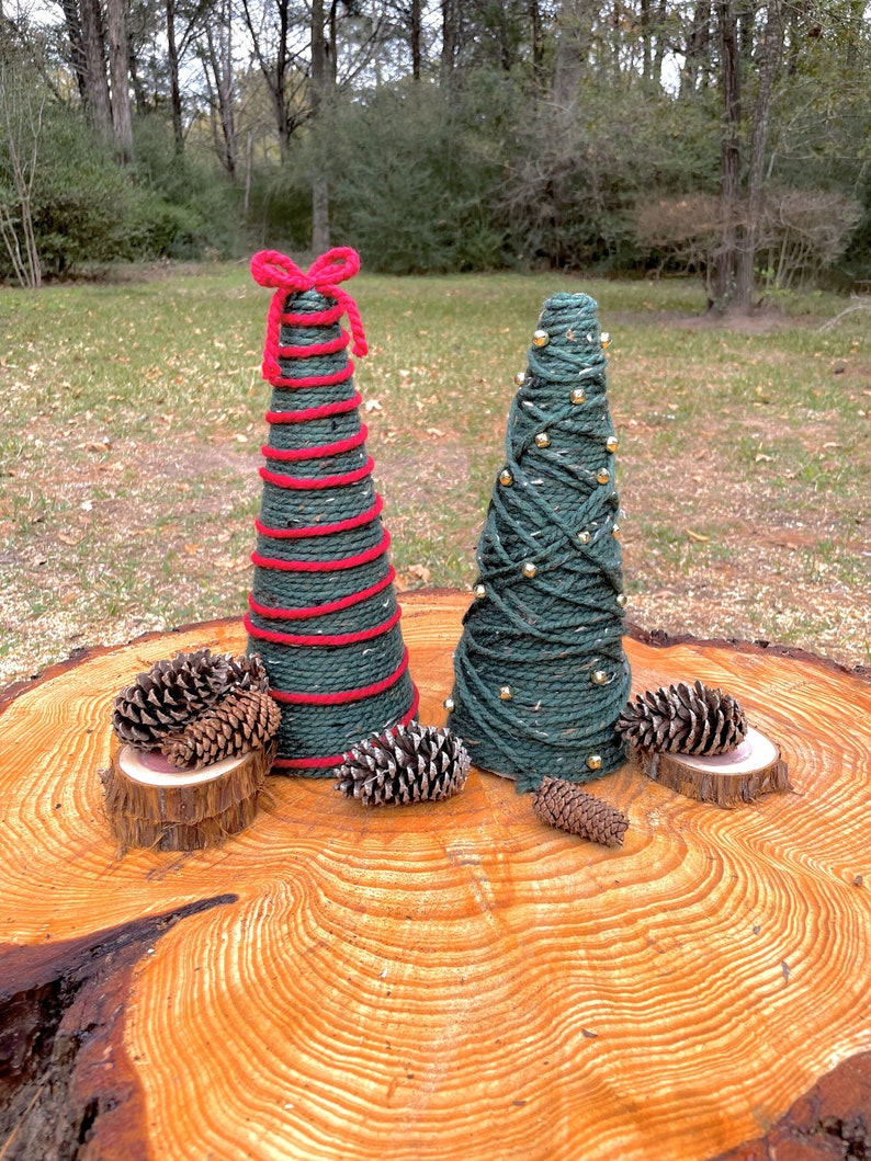 Yarn-wrapped Christmas Trees, Red, Blue, Green, or White, Rustic Decor ...