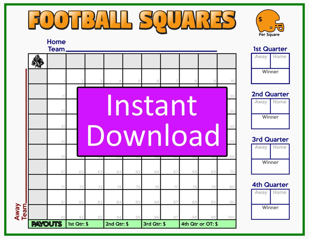 Football Squares 100 Pool Template: Office Party Fundraiser (digital ...