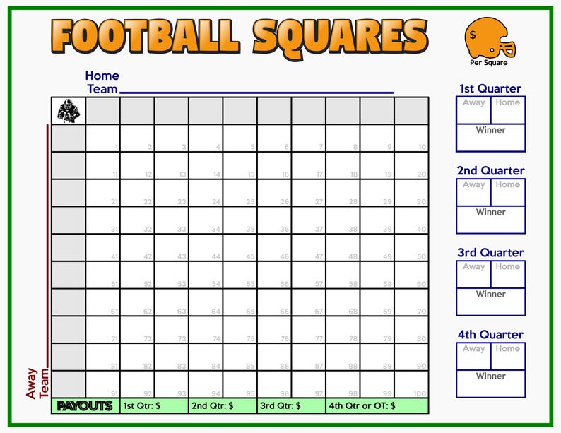 Football Squares 100 Pool Template: Office Party Fundraiser (digital ...