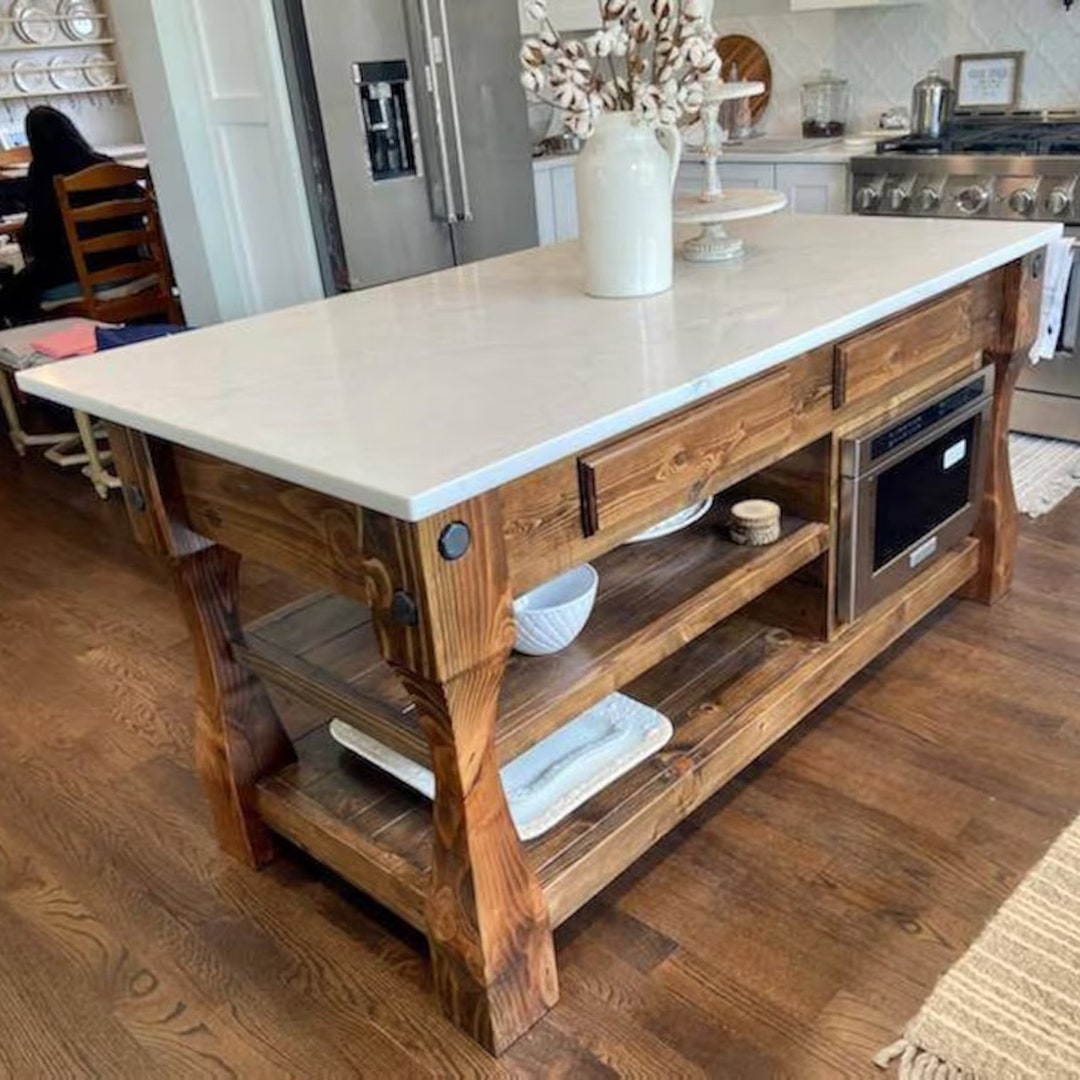 6 Ft. Rustic Kitchen Island With Microwave Cabinet Drawers - Etsy