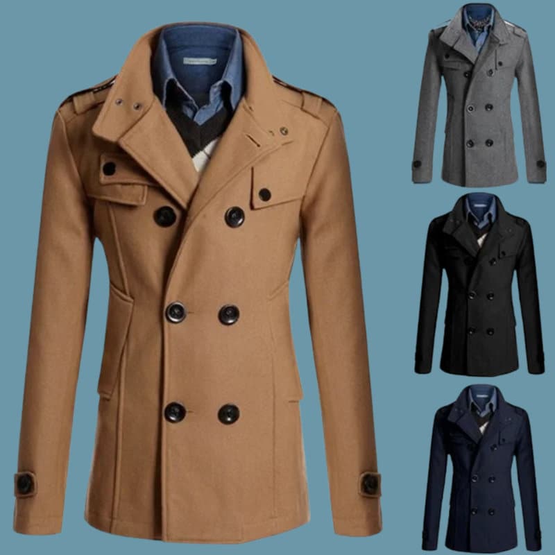 Mens Double Breasted Coat Winter Wool Cotton Coat Men's Casual Solid ...