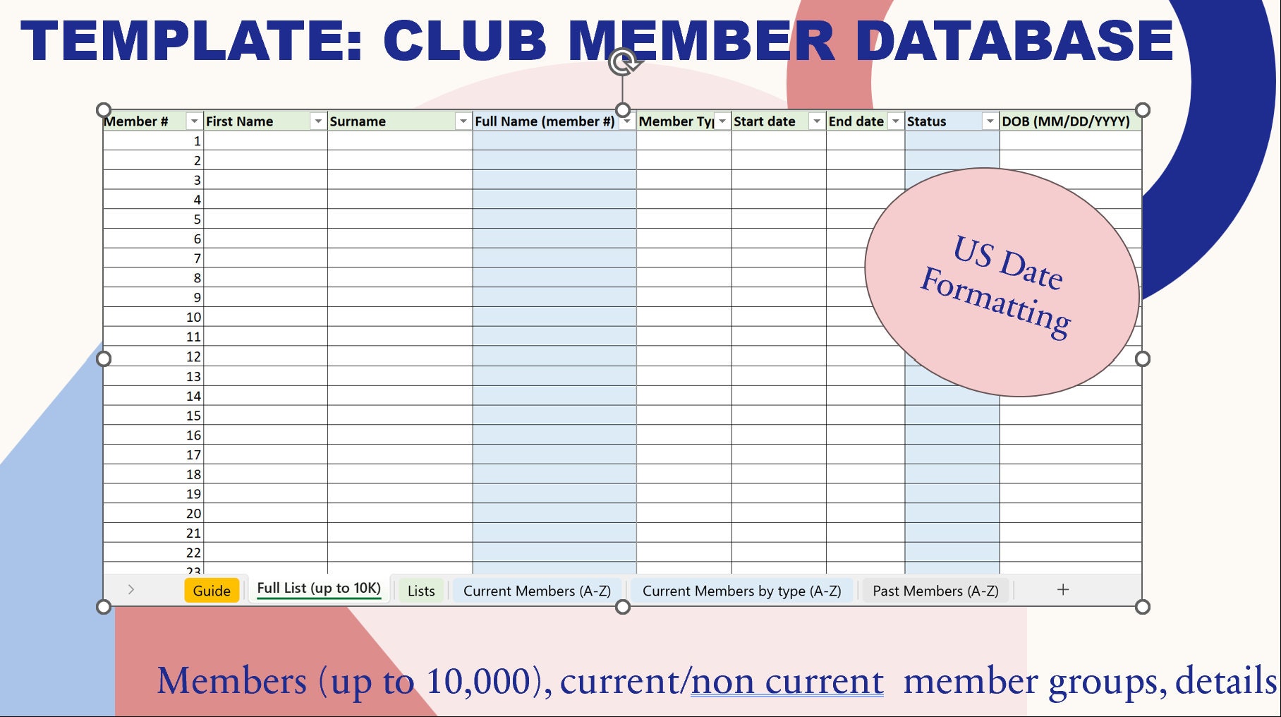 Excel Spreadsheet Template: Club Member Database US Date Formatting - Etsy