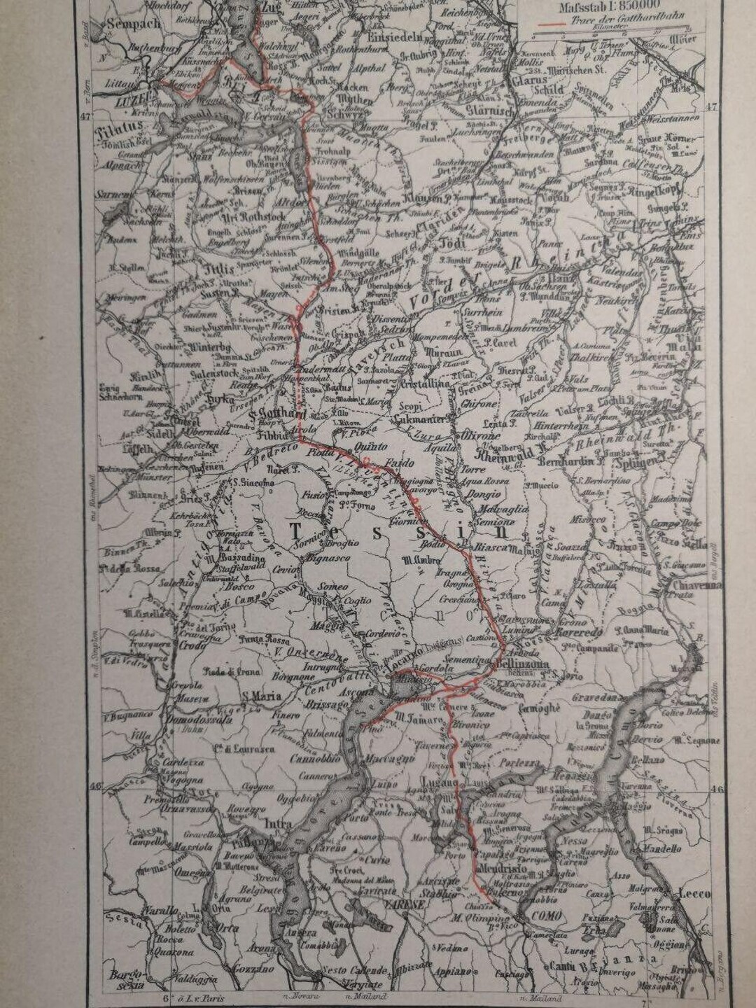 1883 Gotthard Railway Route Trans Alpine Map City Europe ORIGINAL C17-4 ...