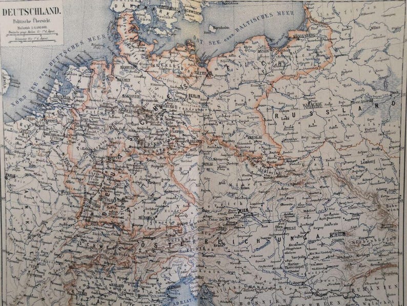 1875 Germany Antique Political Map Vintage ORIGINAL Color 11.5 X 9 C15 ...