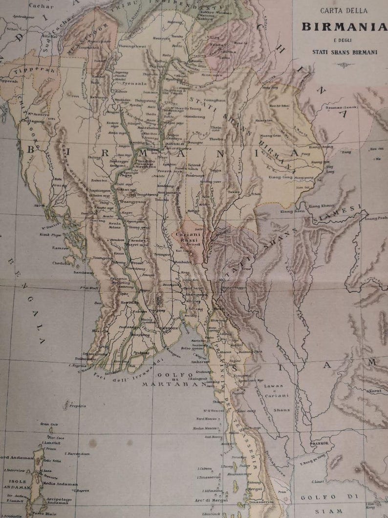 1880 BIRMANIA Burma Myanmar Asia Map Yangon Bagan ORIGINAL 14.5 X 10 ...