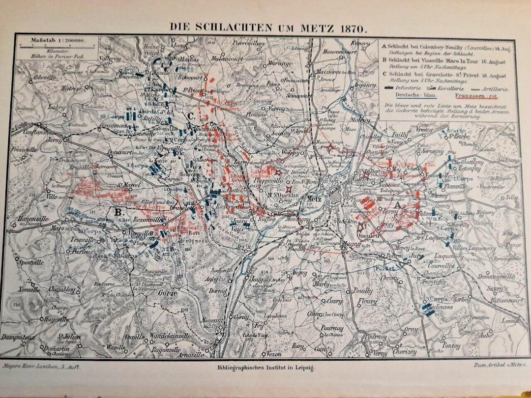 1870 Battle Metz 1870 Francoprussian Vintage Geographical Map Military ...