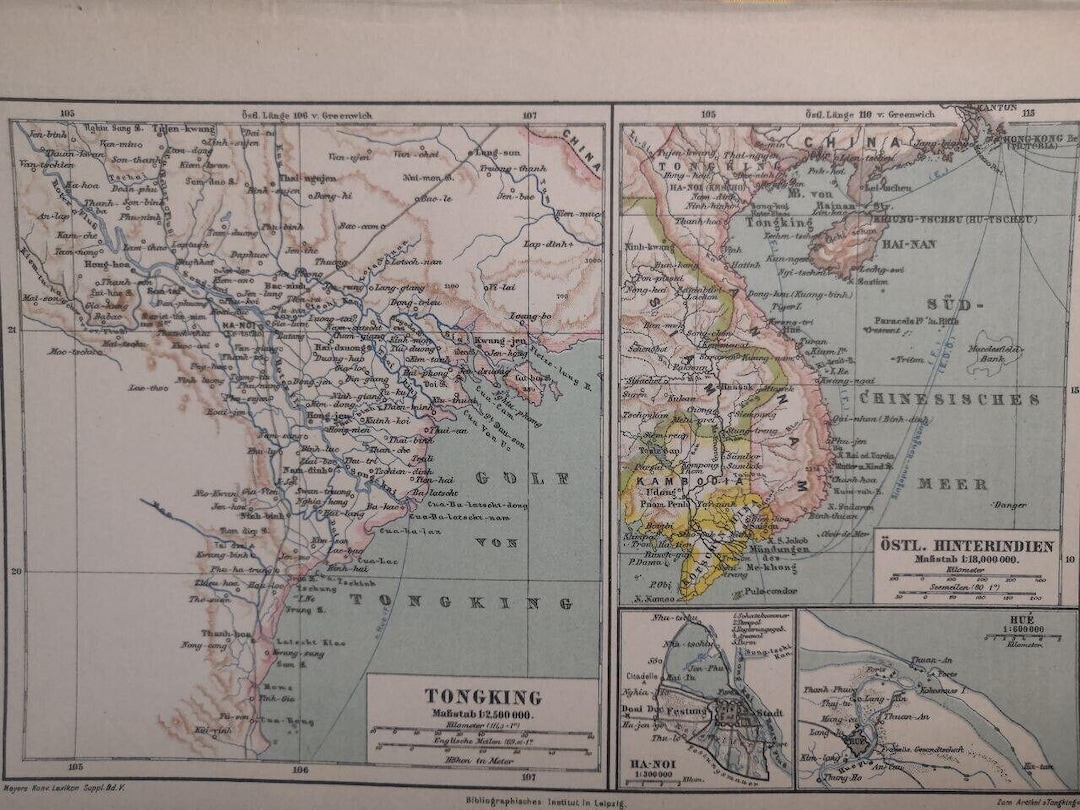 1887 Tonking Tonkin Vietnam Region Cambodia Vintage Geographical Map ...