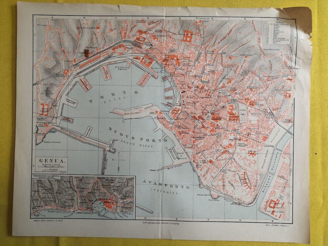 1885 - Genoa Italy - Vintage Geography Map ORIGINAL 11.5 X 9.5" - C12-4 ...