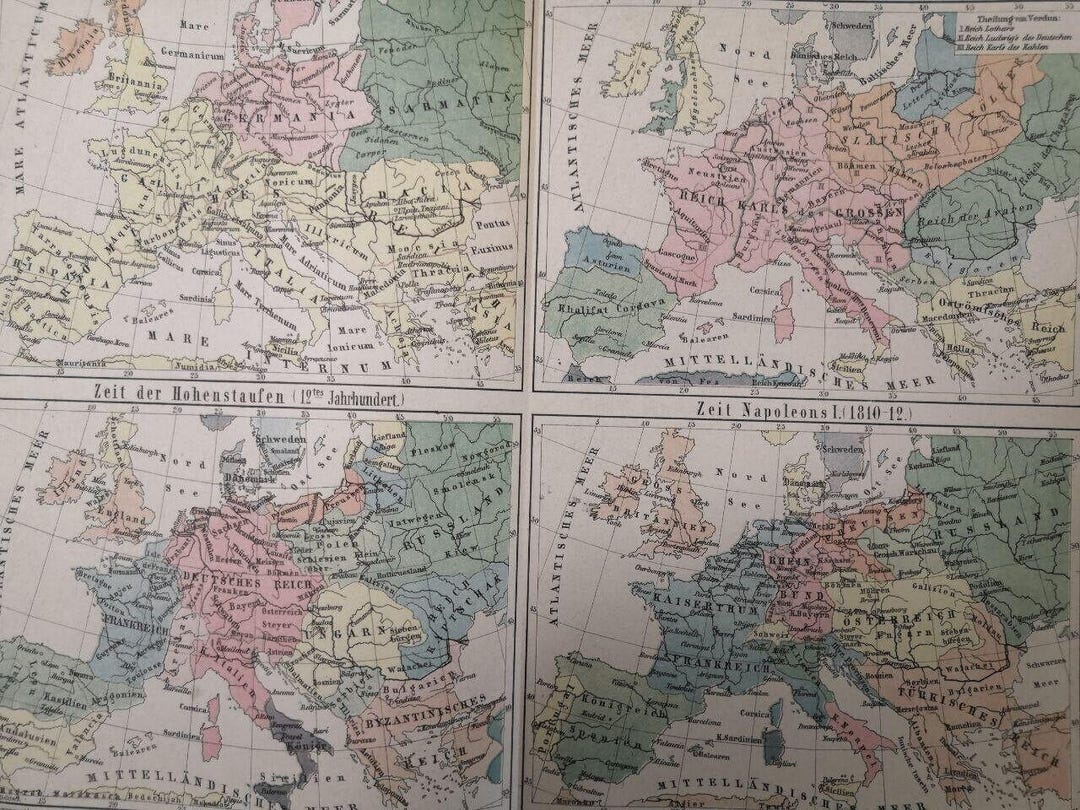1875 History of Germany Map Historical Vintage 4 Eras ORIG. 11.5 X 9 ...