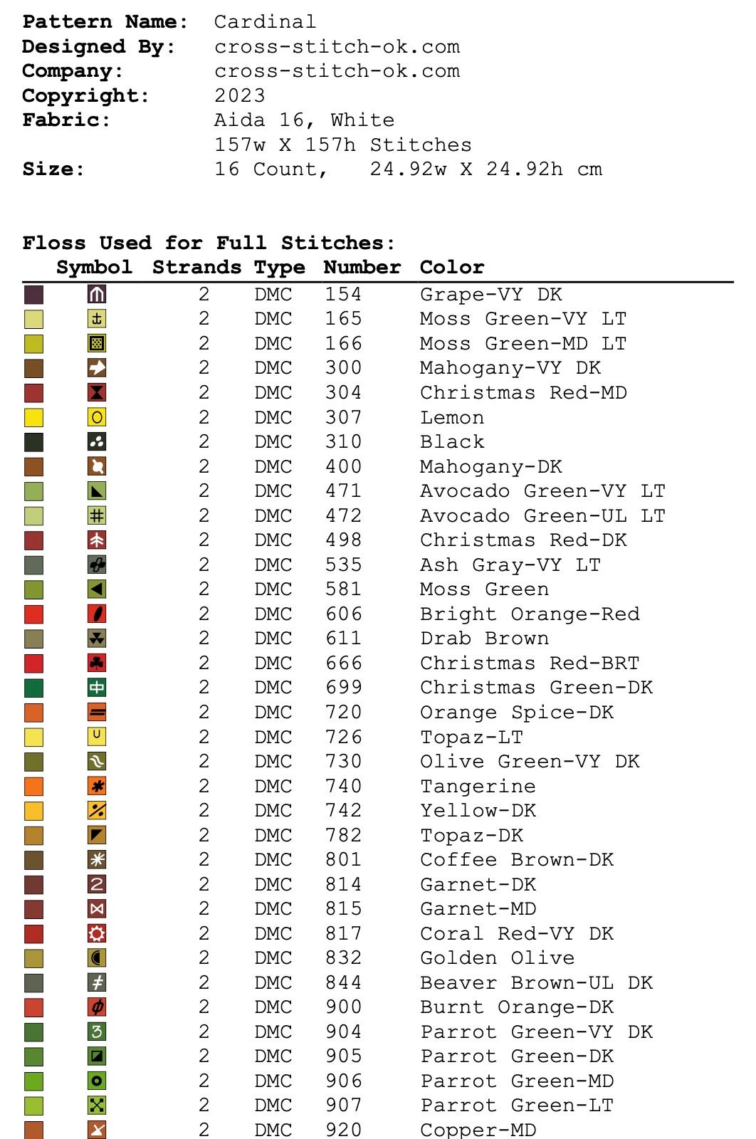 Red Cardinal, Bird Cross Stitch Pattern, Bright Colorful Cardinal ...