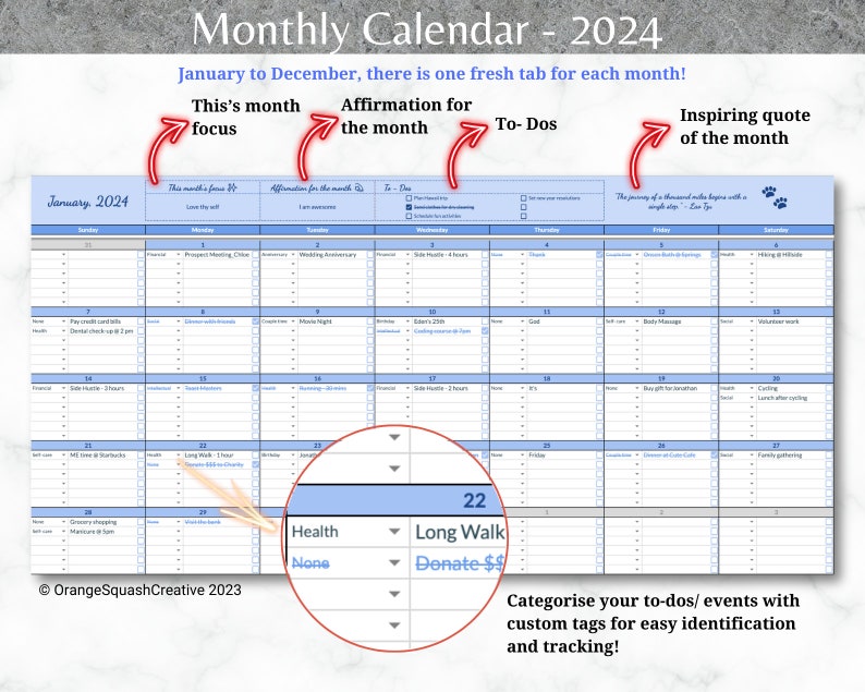 Editable Monthly Planner | 2024 Calendar | Google Sheets Calendar ...