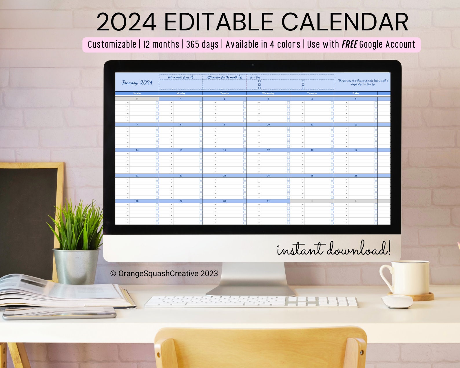 Editable Monthly Planner | 2024 Calendar | Google Sheets Calendar ...