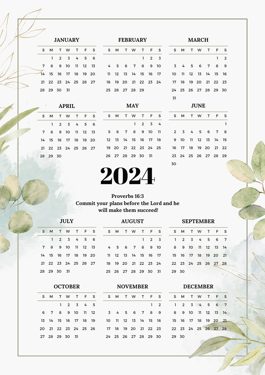 Bible Verse 2024 Calendar Printable, Desk Calendar, Christian Wall ...