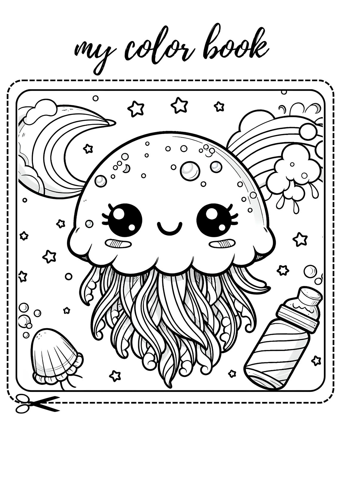 Sea Animals Coloring Pages for Kids, Easy Coloring Shell, Jellyfish ...