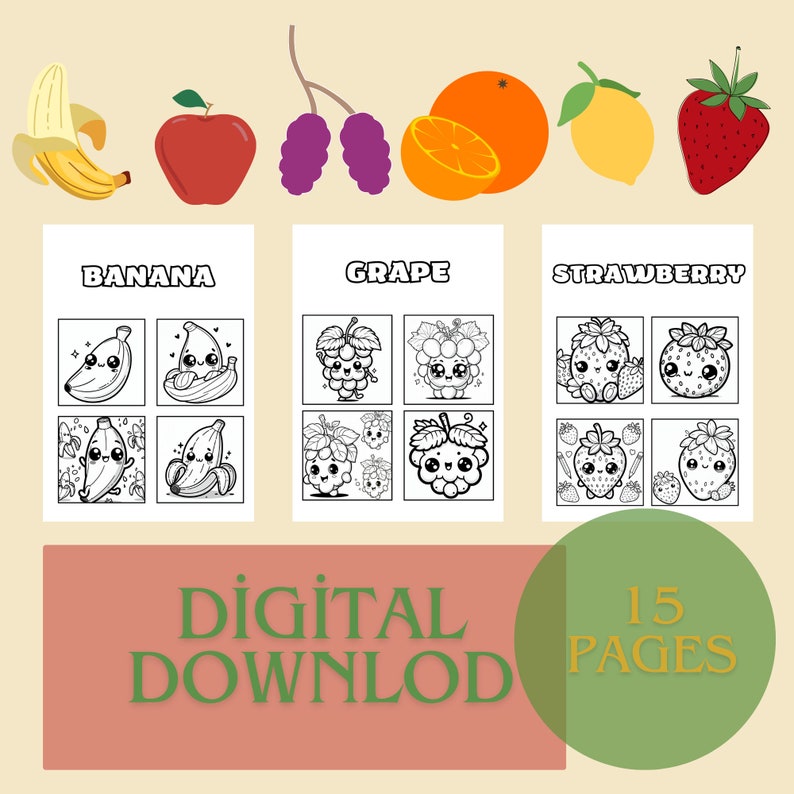Fruit Coloring Pages, Fruit Coloring Book for Kids, Cute Fruits, Great ...