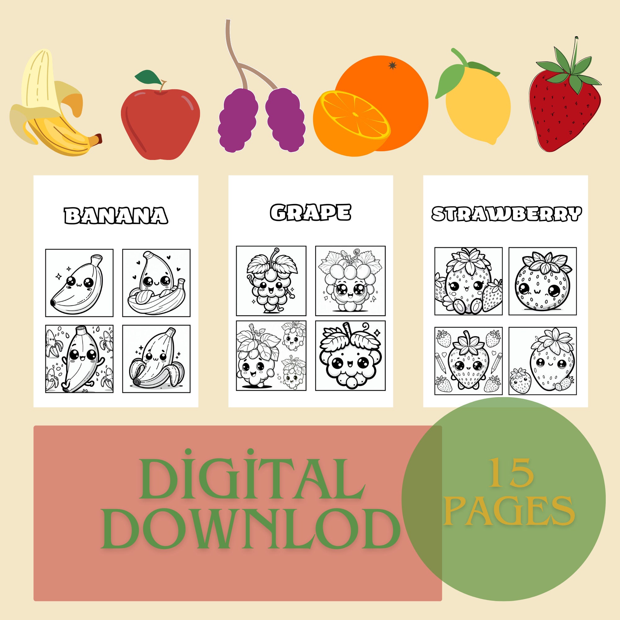 Fruit Coloring Pages, Fruit Coloring Book for Kids, Cute Fruits, Great ...
