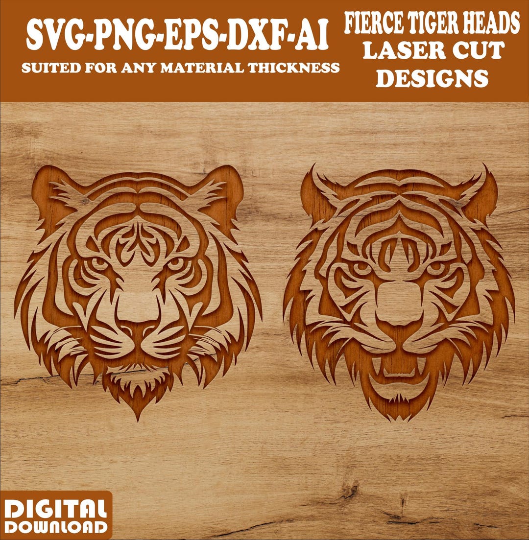 Detailed Fierce Tiger Heads Laser Cut Wood Sign, Animal Lover Gift ...