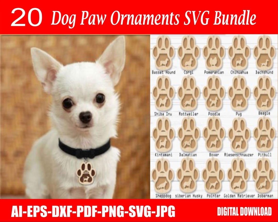 Laser Cut Paw Print Ornament Bundle, Dog Paw SVG Files Set, Pet Lover ...