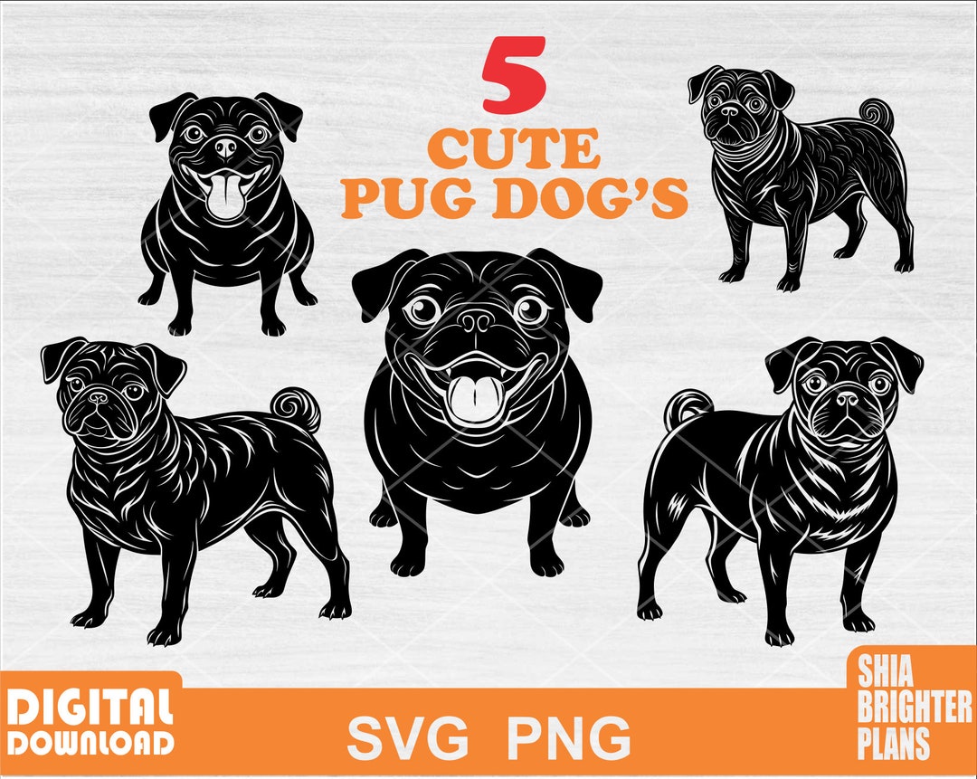 Cute 5 Pug Dog's SVG Designs for T-shirt, Pug Svg, Dog Svg, Pug Head ...