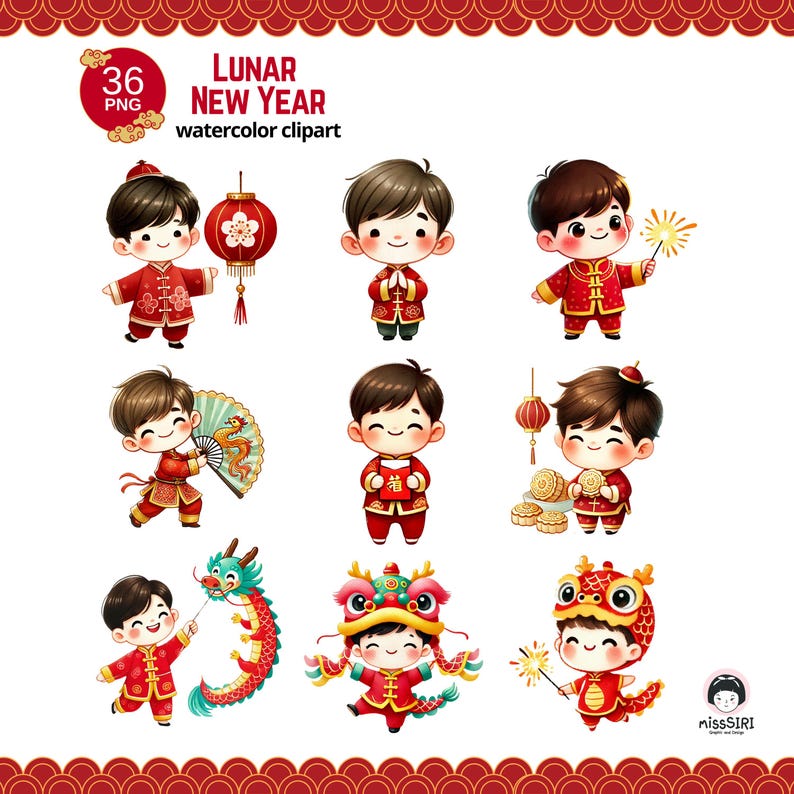 Adorable Lunar New Year Clipart Set, Cute Asian Festival Characters ...