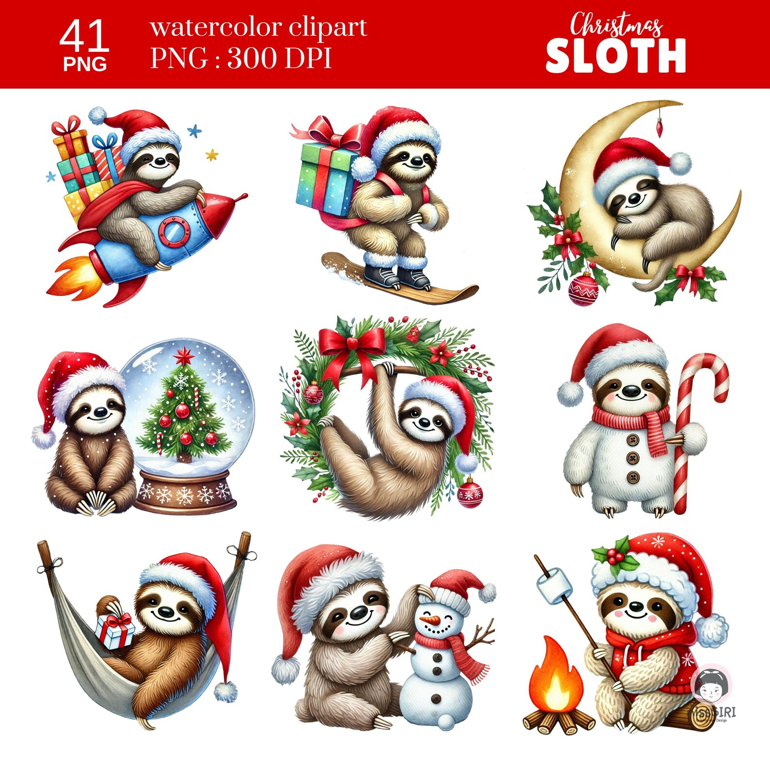 Christmas Sloth Clipart Bundle, Watercolor Sloth PNG, Cute Holiday ...