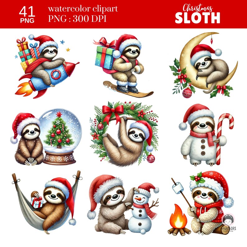 Christmas Sloth Clipart Bundle, Watercolor Holiday PNG (41 Files) - Etsy