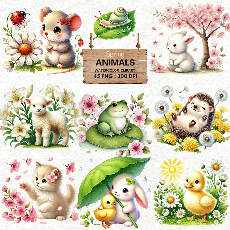 Spring Animals Watercolor Clipart Set – 45 Adorable Hand Painted Pngs ...