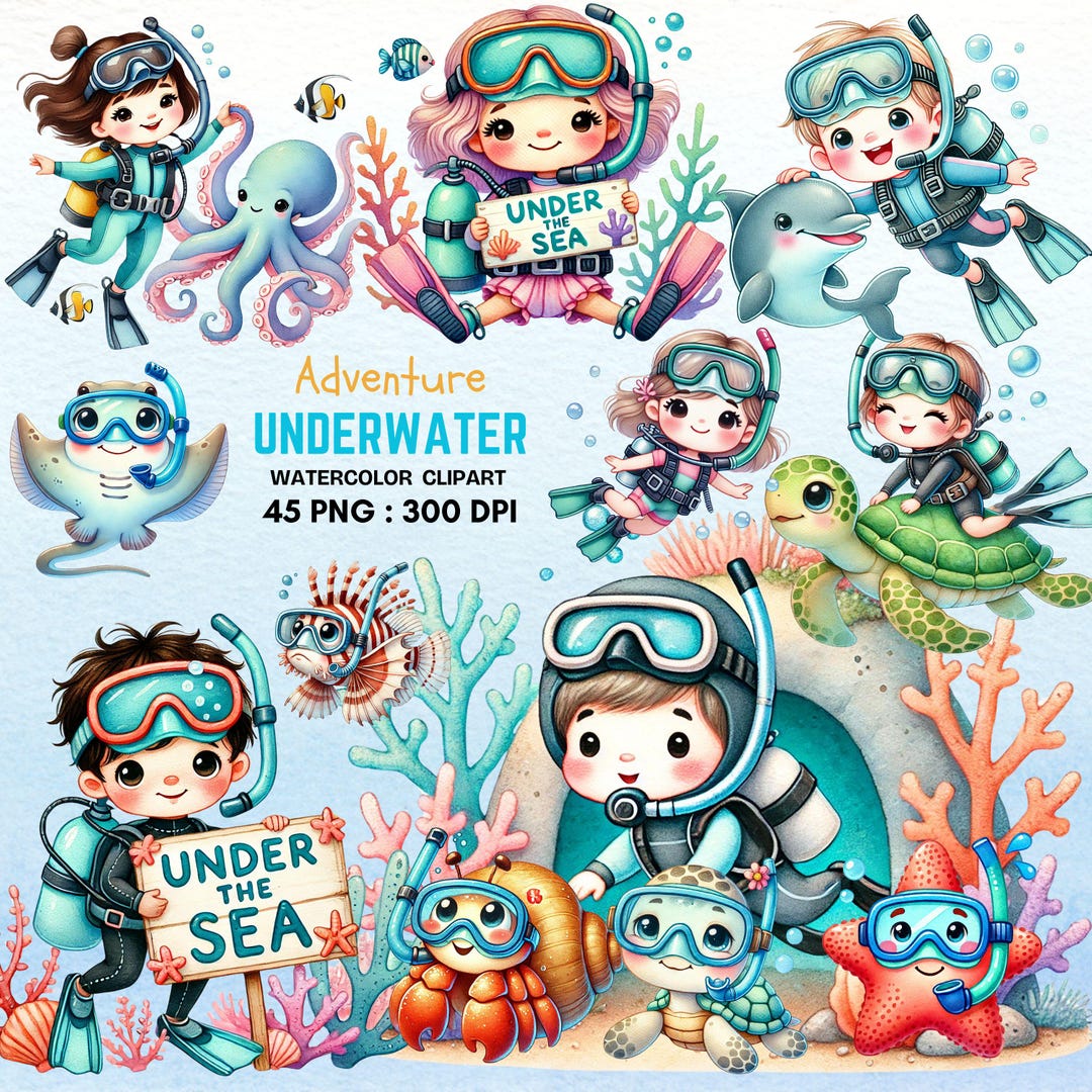 Underwater Adventure Clipart – Watercolor Sea Creatures, Scuba Kids ...