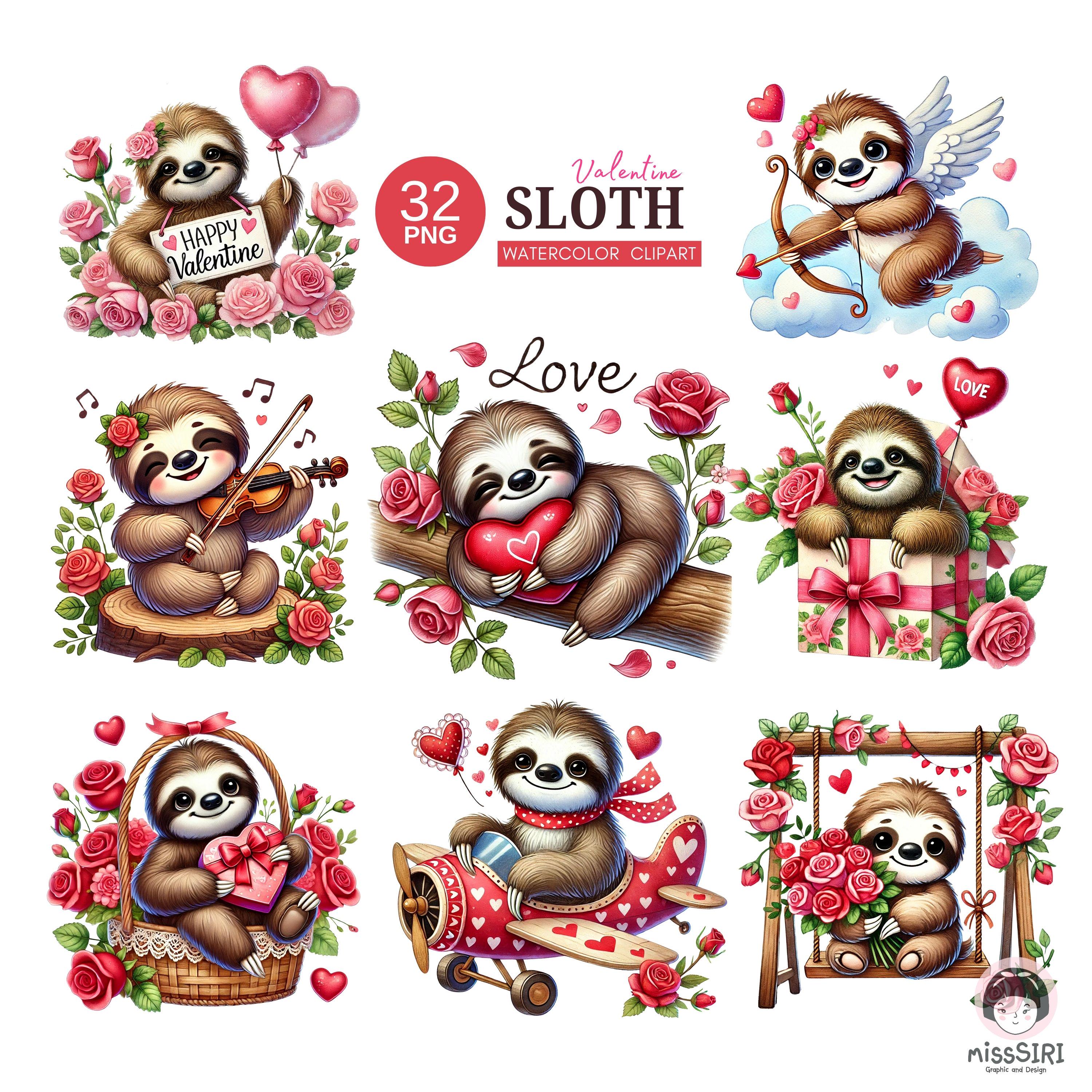 Valentine Sloth Clipart Bundle, 32 Watercolor PNG Files, Adorable ...