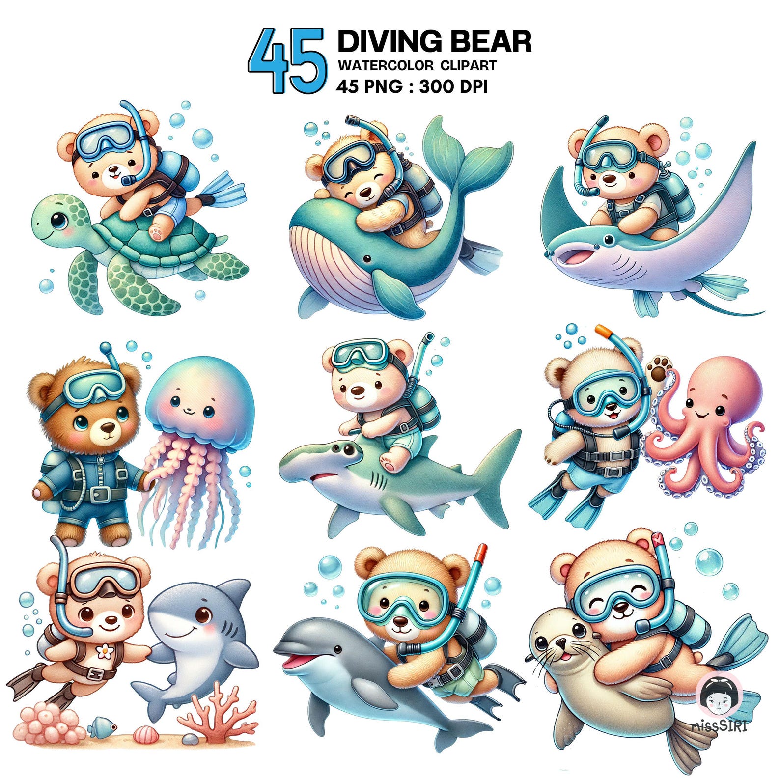 Diving Bear Clipart Bundle – 45 Underwater Adventure Watercolor Pngs ...