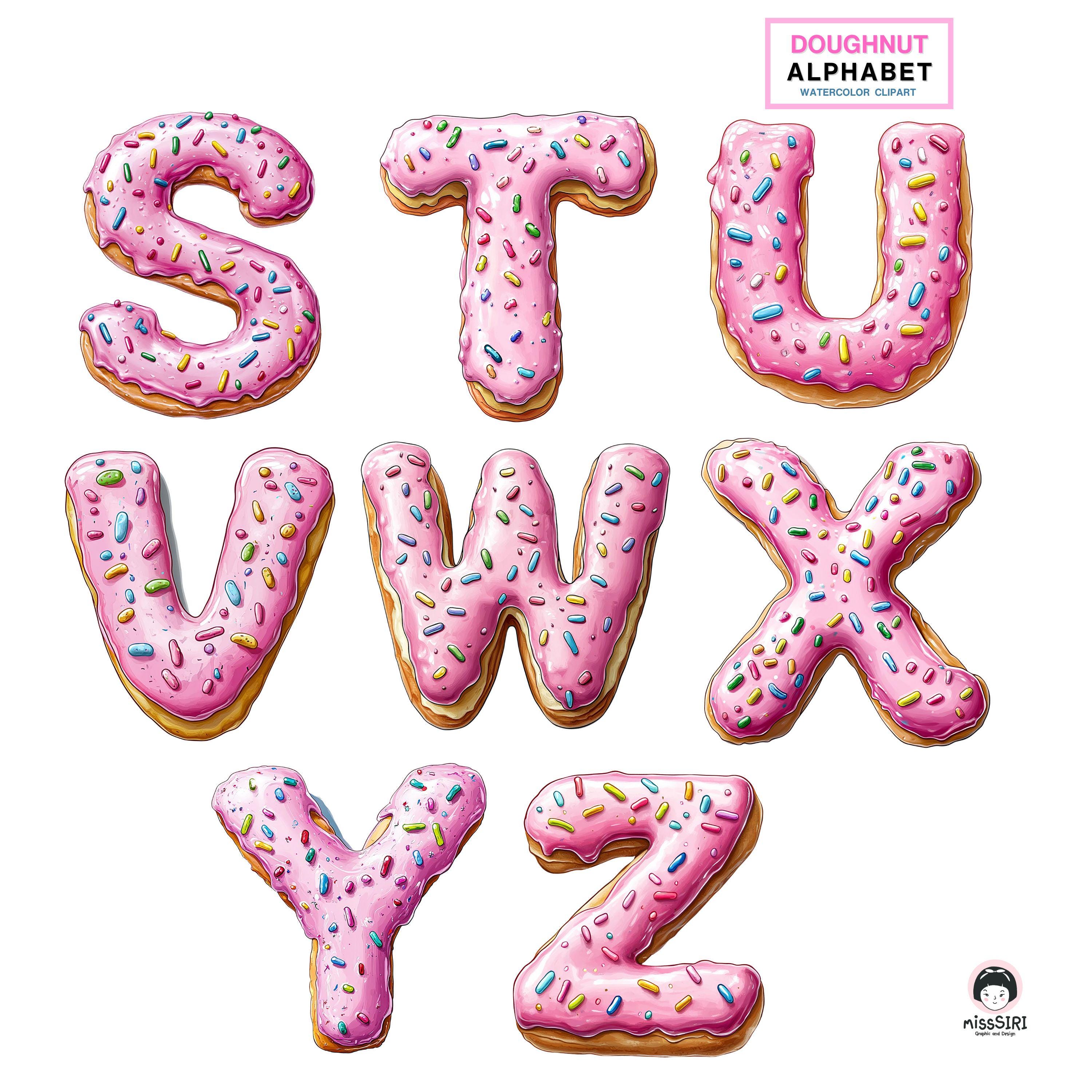 Doughnut Alphabet Watercolor Clipart – 38 PNG Sweet Pink Frosted ...