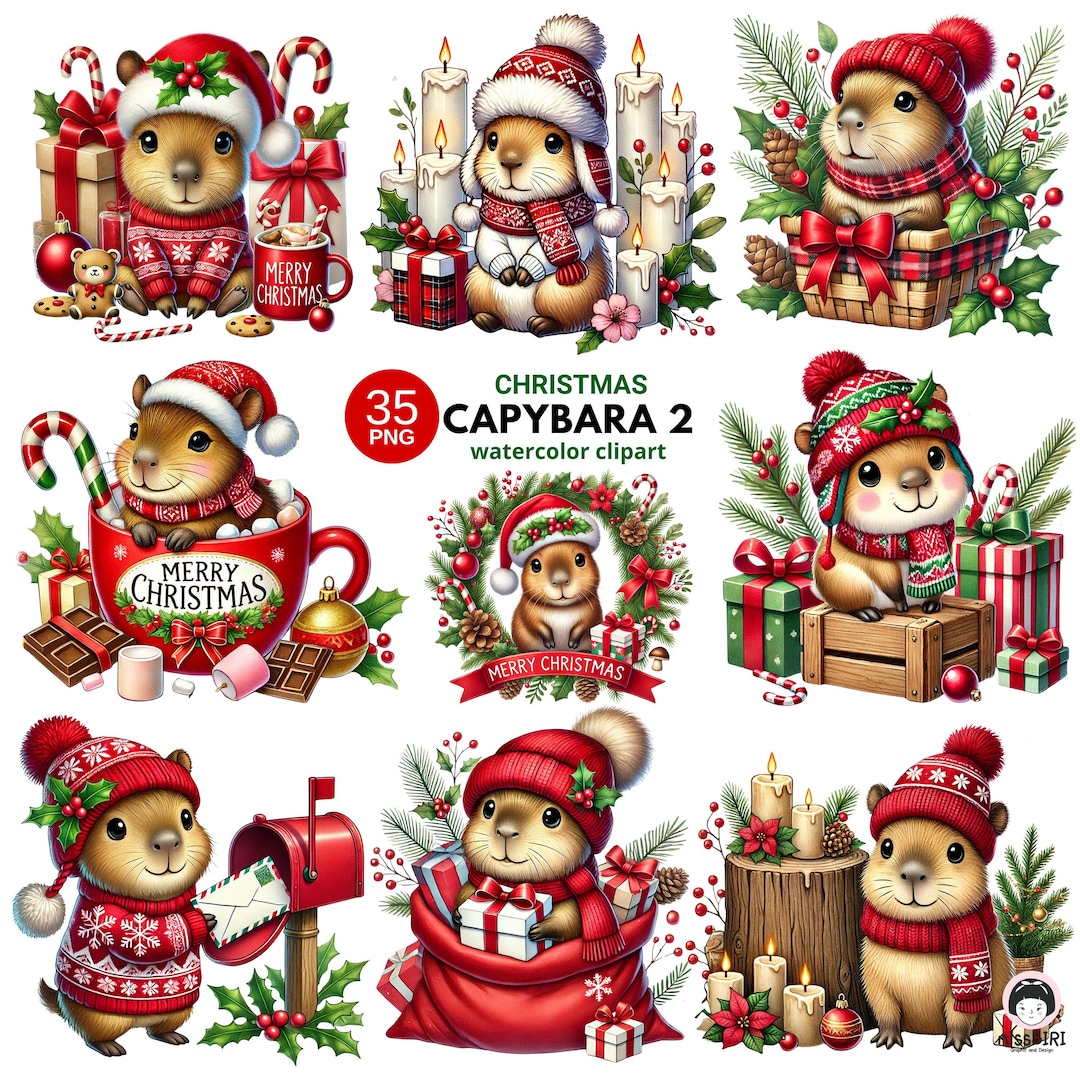 Christmas Capybara Clipart Set 2| 35 Watercolor Holiday Capybaras With ...