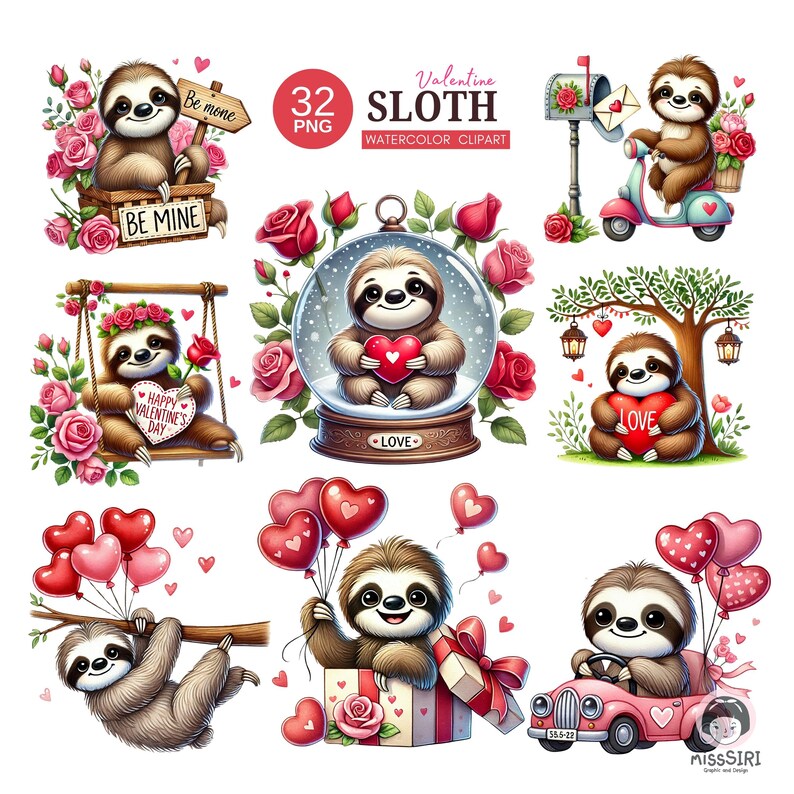 Valentine Sloth Clipart Bundle, 32 Watercolor PNG Files, Adorable ...
