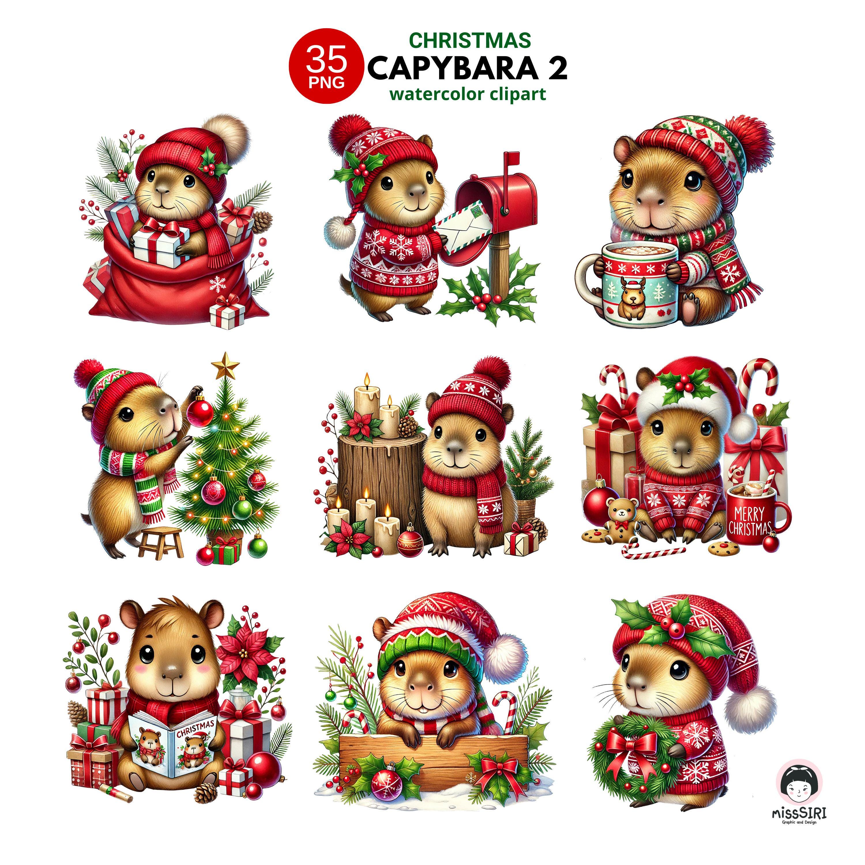 Christmas Capybara Clipart Set 2| 35 Watercolor Holiday Capybaras With ...