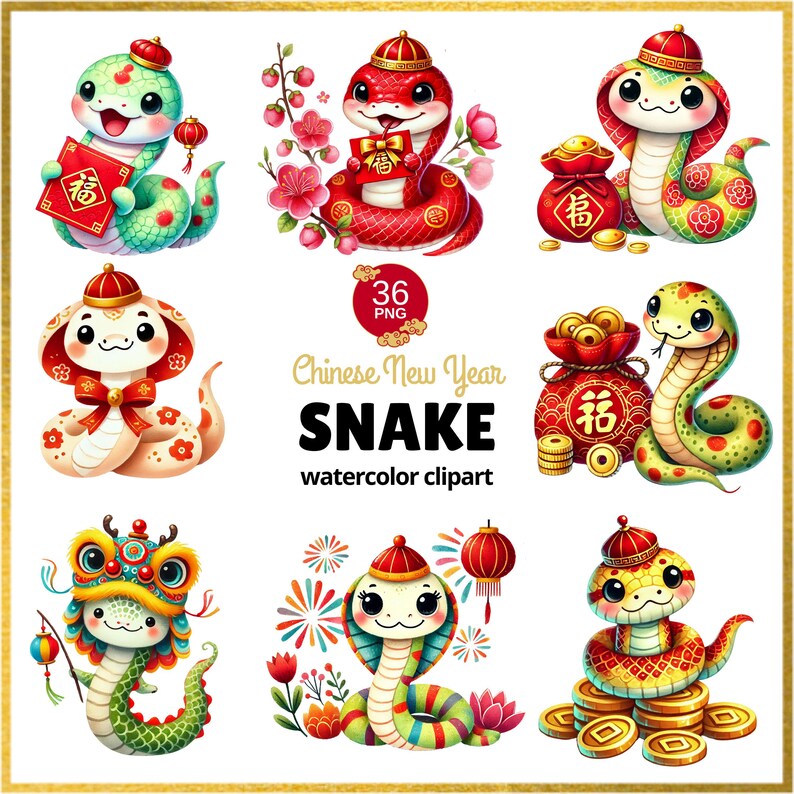 Chinese New Year Snake Watercolor Clipart Bundle, Cute Zodiac Snake PNG ...