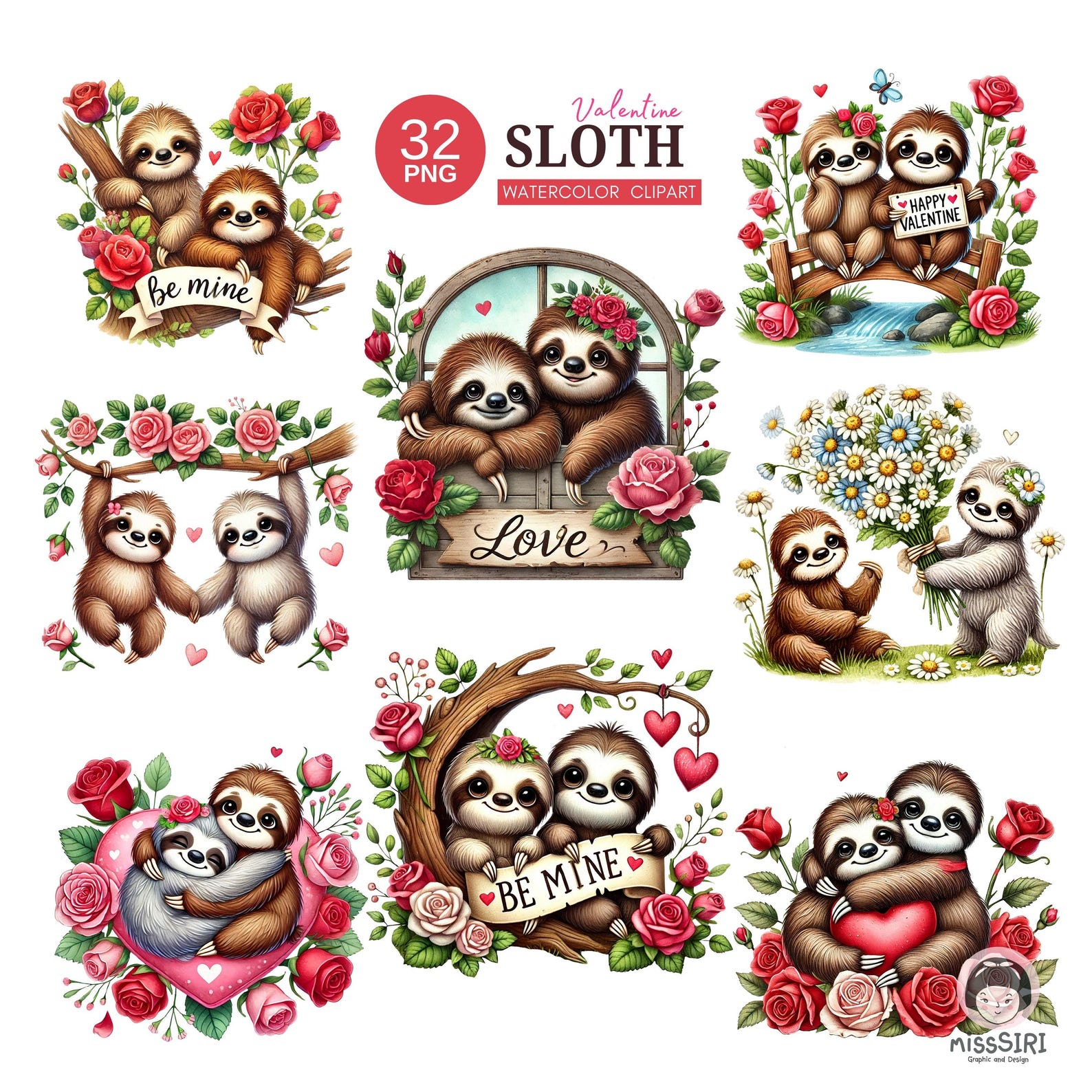 Valentine Sloth Clipart Bundle, 32 Watercolor PNG Files, Adorable ...