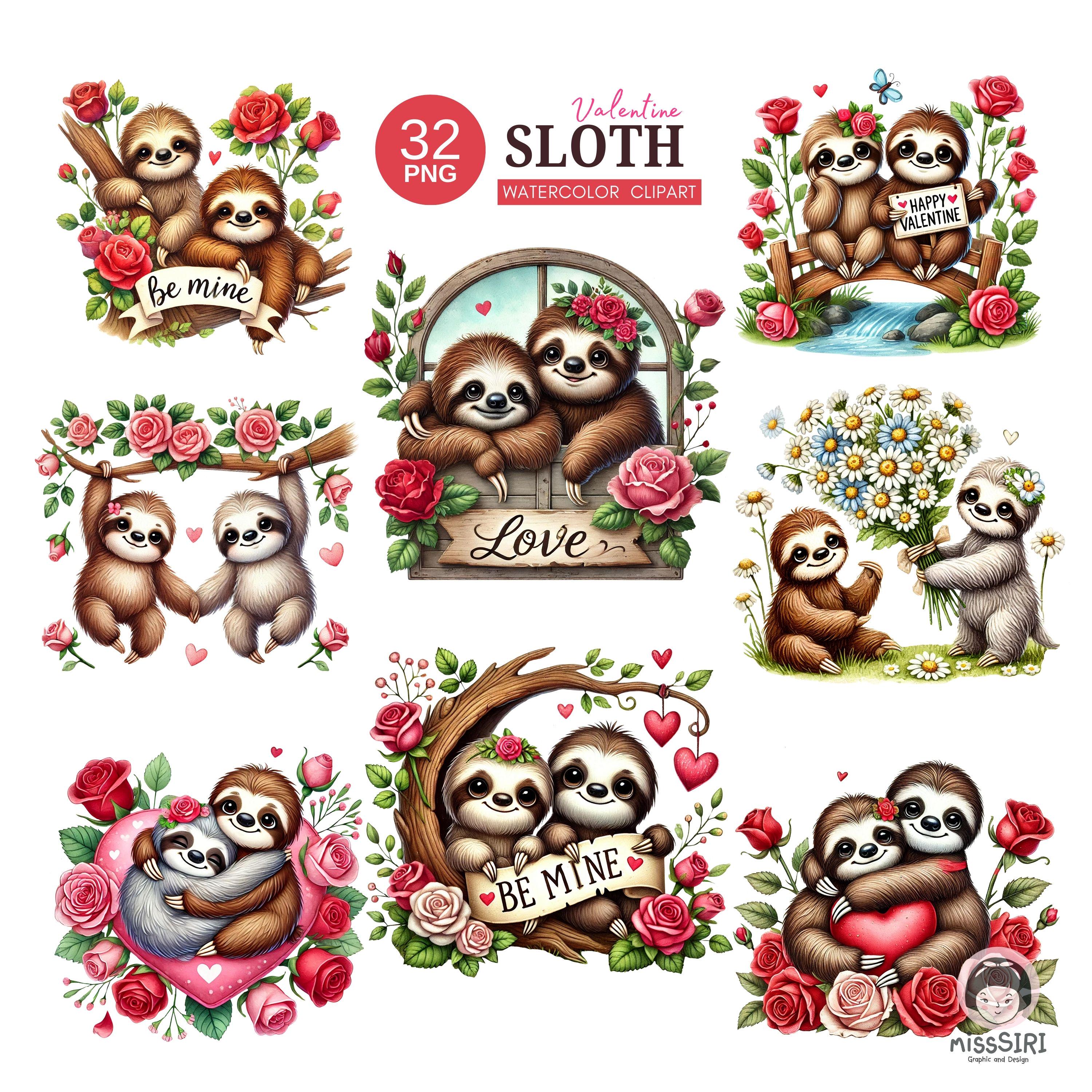 Valentine Sloth Clipart Bundle, 32 Watercolor PNG Files, Adorable ...