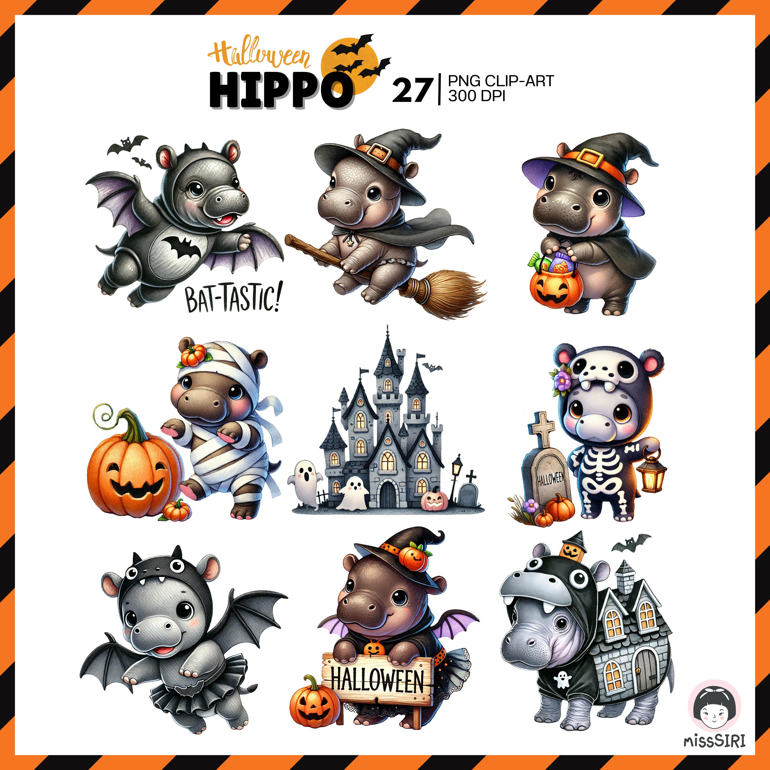 Halloween Hippo PNG Clipart Set, Cute Halloween Animal Clip Art, Hippo ...