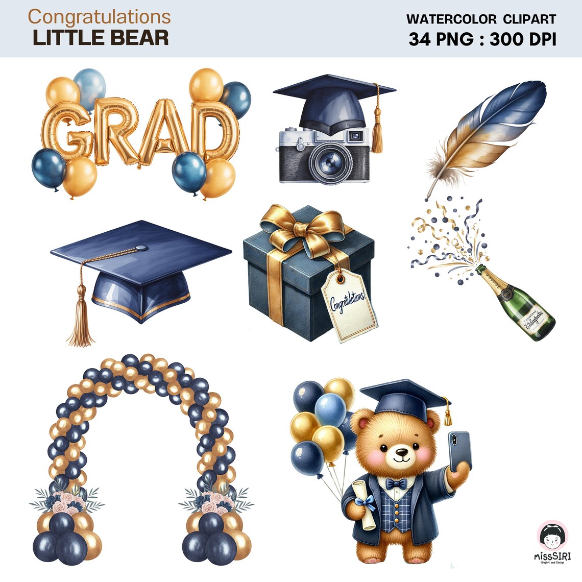 Little Bear Graduation Clipart Set | 34 Watercolor Pngs of Cute Bears ...