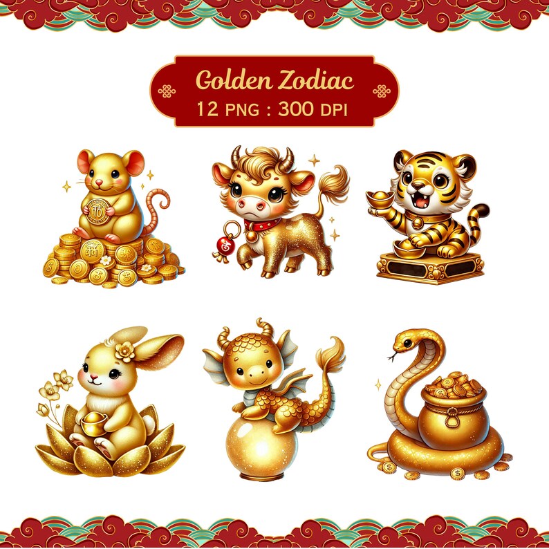 Golden Chinese Zodiac Clipart Set - 12 PNG Files, Luxury Zodiac Animal ...