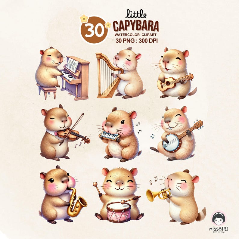 Little Capybara Watercolor Clipart Set – 30 PNG Images, 300 DPI Digital ...