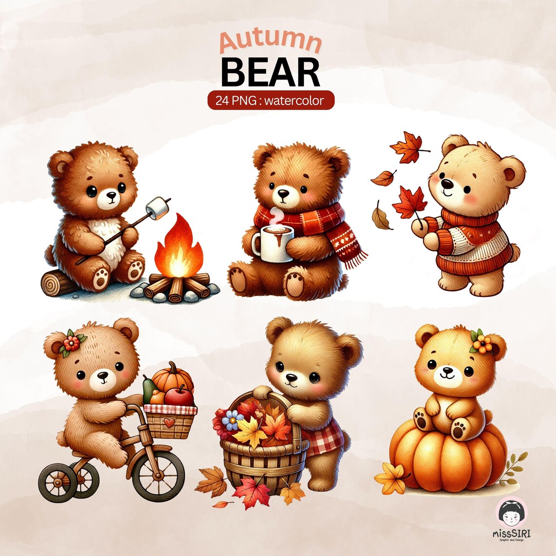Autumn Bear Watercolor Clipart Bundle - Cute Fall Bear Pngs With ...