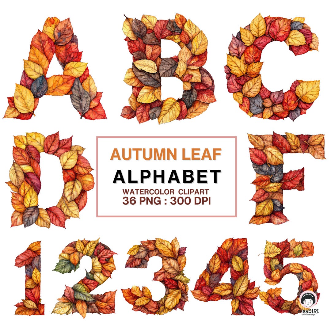 Autumn Leaf Alphabet Clipart | 36 Watercolor Fall Letters and Numbers ...
