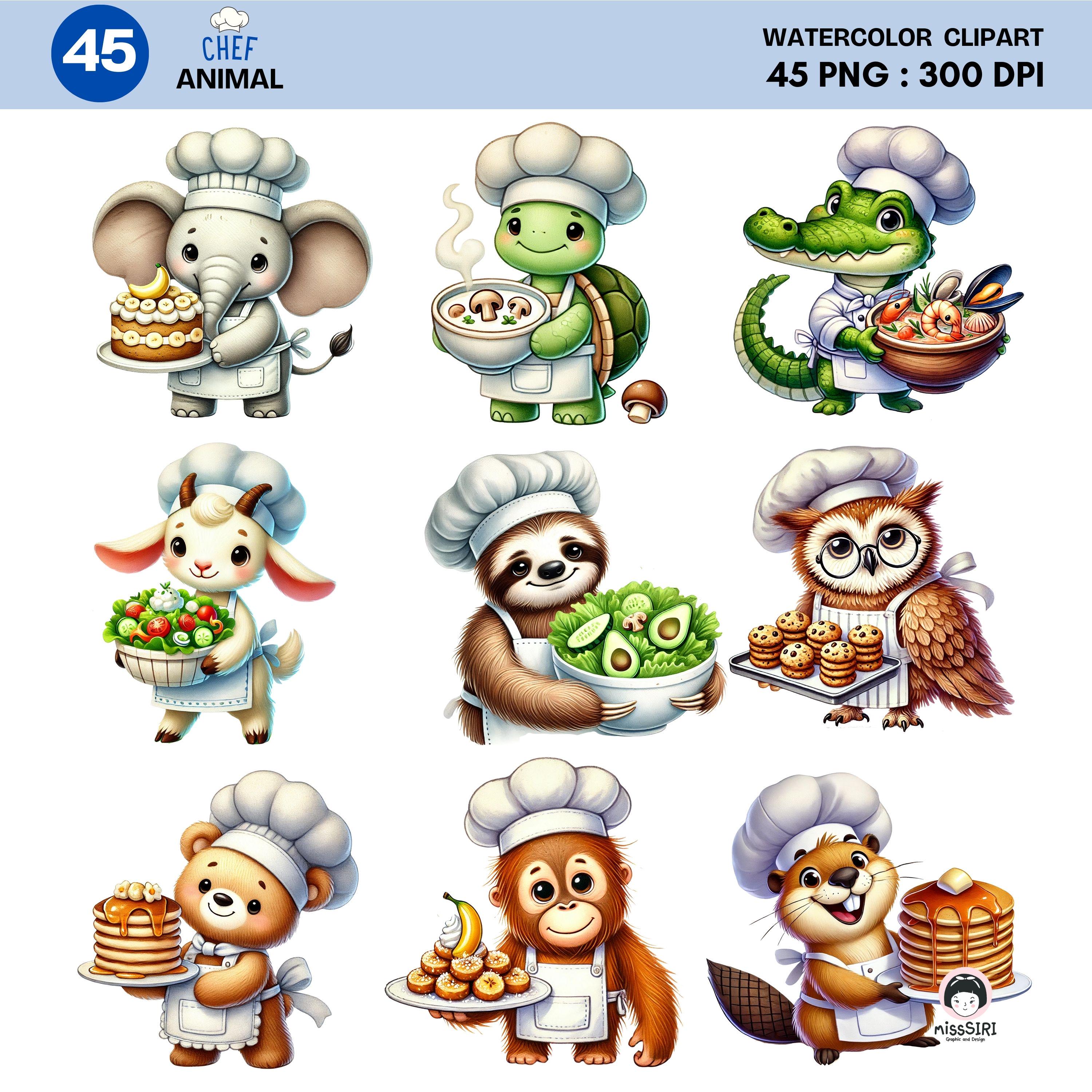Chef Animal Watercolor Clipart Bundle – 45 Pngs of Cute Cooking Animals ...