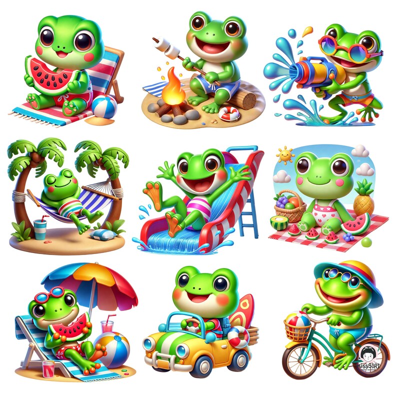 Summer Frog Watercolor Clipart Set – 42 Cute PNG Beach Frogs on ...