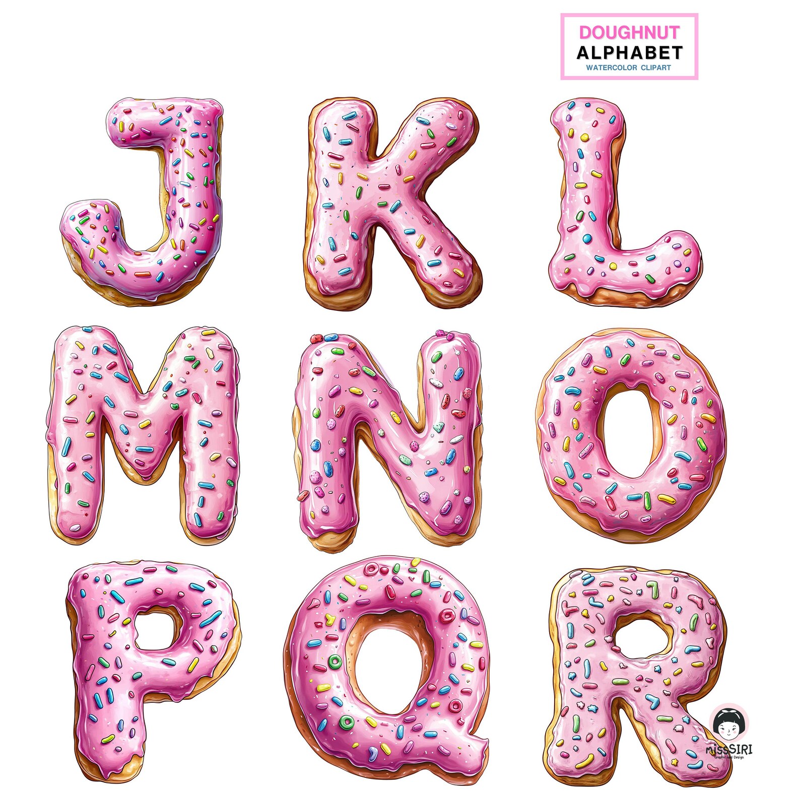 Doughnut Alphabet Watercolor Clipart – 38 PNG Sweet Pink Frosted ...
