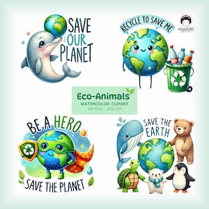 Eco Animals Watercolor Clipart Bundle - 48 PNG Files, Save the Earth ...